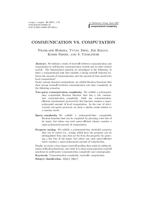 (PDF) Communication vs. Computation