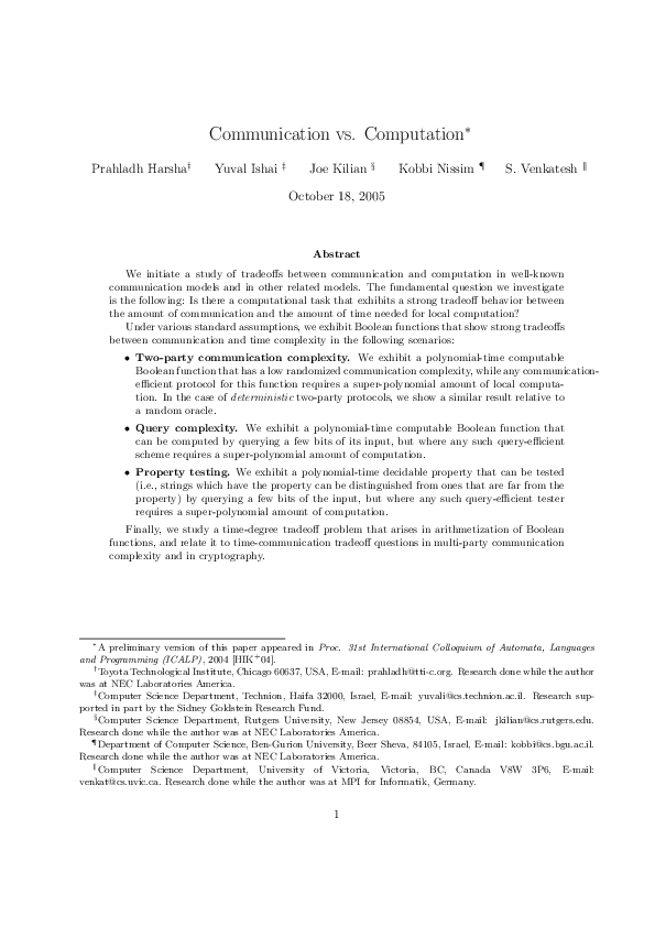 (PDF) Communication Versus Computation