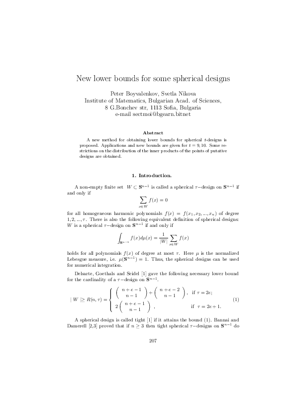 (PDF) New lower bounds for some spherical designs | Peter Boyvalenkov ...