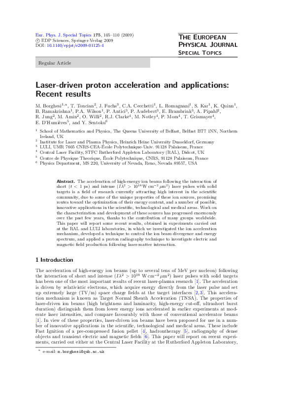 (PDF) Laser-driven proton acceleration and applications: Recent results