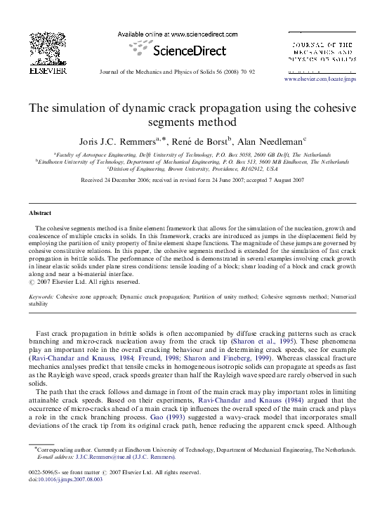 (PDF) The simulation of dynamic crack propagation using the cohesive segments method