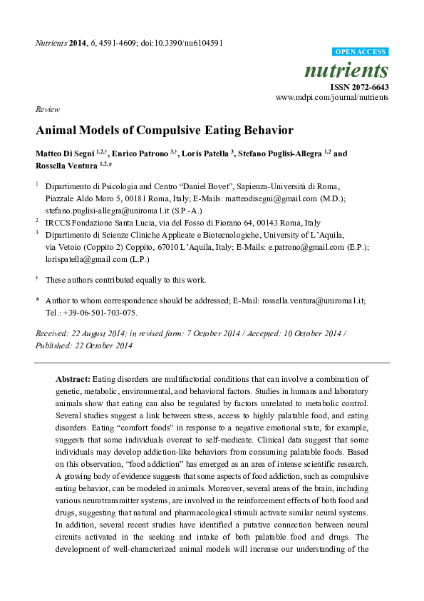 (PDF) Animal Models of Compulsive Eating Behavior