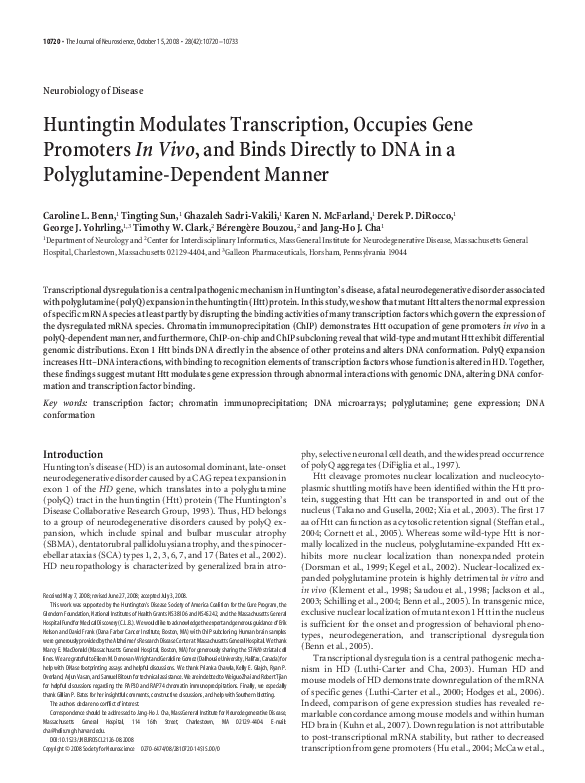 (PDF) Huntingtin Modulates Transcription, Occupies Gene Promoters In ...