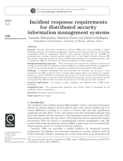 (PDF) Incident response requirements for distributed security information management systems