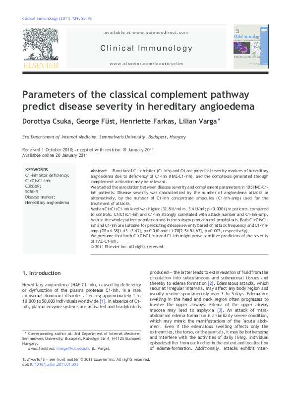 (PDF) Parameters of the classical complement pathway predict disease ...