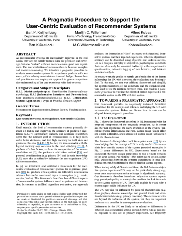 (PDF) A pragmatic procedure to support the user-centric evaluation of recommender systems | Bart ...