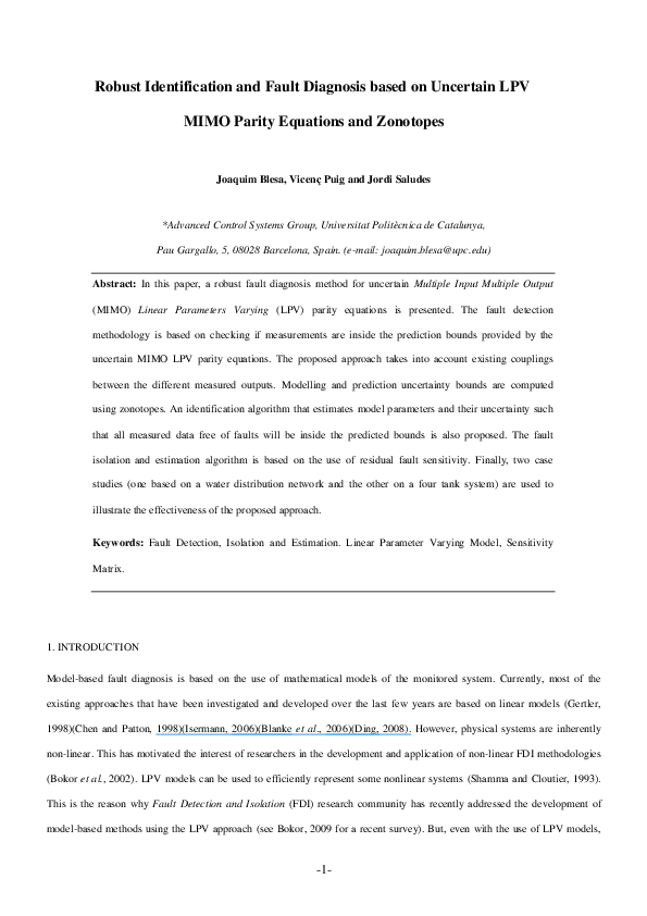 Pdf Robust Identification And Fault Diagnosis Based On Uncertain Multiple Inputmultiple