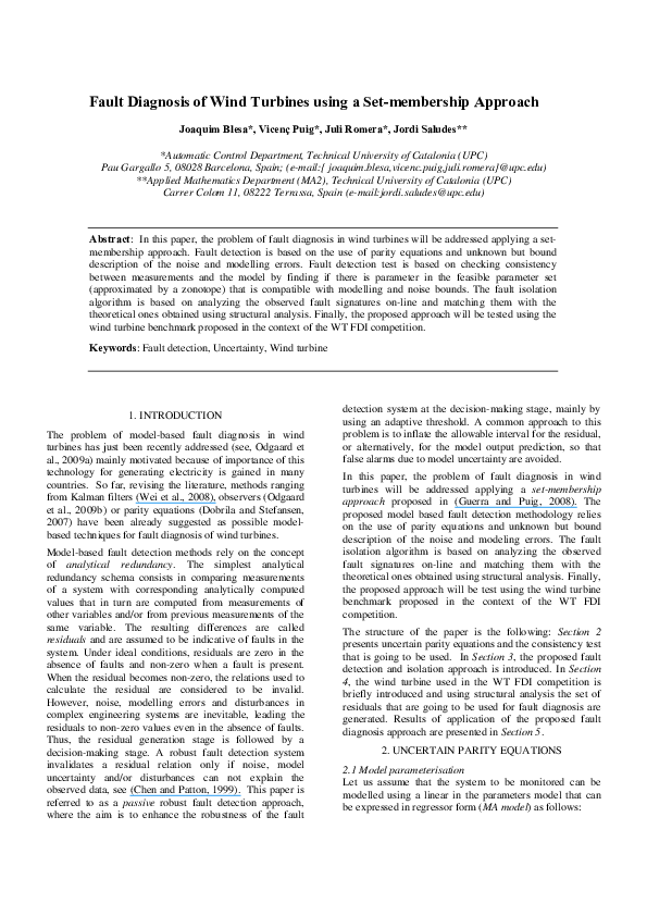 Pdf Fault Diagnosis Of Wind Turbines Using A Set Membership Approach Joaquim Blesa And Jordi