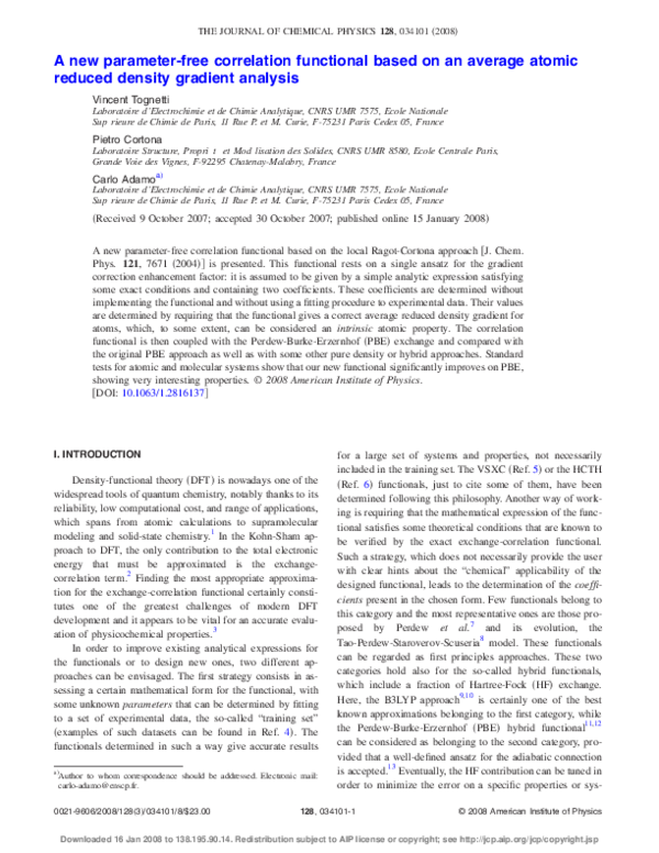 Pdf A New Parameter Free Correlation Functional Based On An Average Atomic Reduced Density