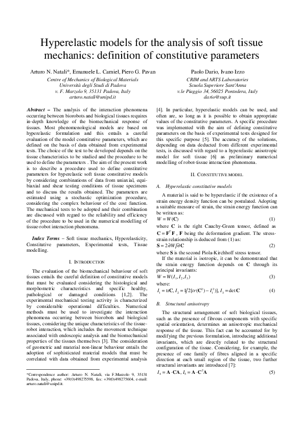 (PDF) Hyperelastic models for the analysis of soft tissue mechanics: definition of constitutive ...
