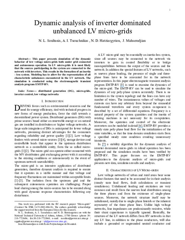 (PDF) Dynamic analysis of inverter dominated unbalanced LV micro-grids | N. Soultanis - Academia.edu