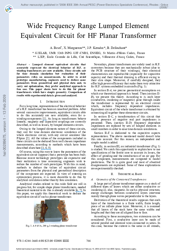 (PDF) Wide frequency range lumped element equivalent circuit for HF planar transformer