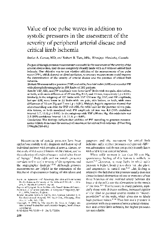 (PDF) Value of toe pulse waves in addition to systolic pressures in the ...