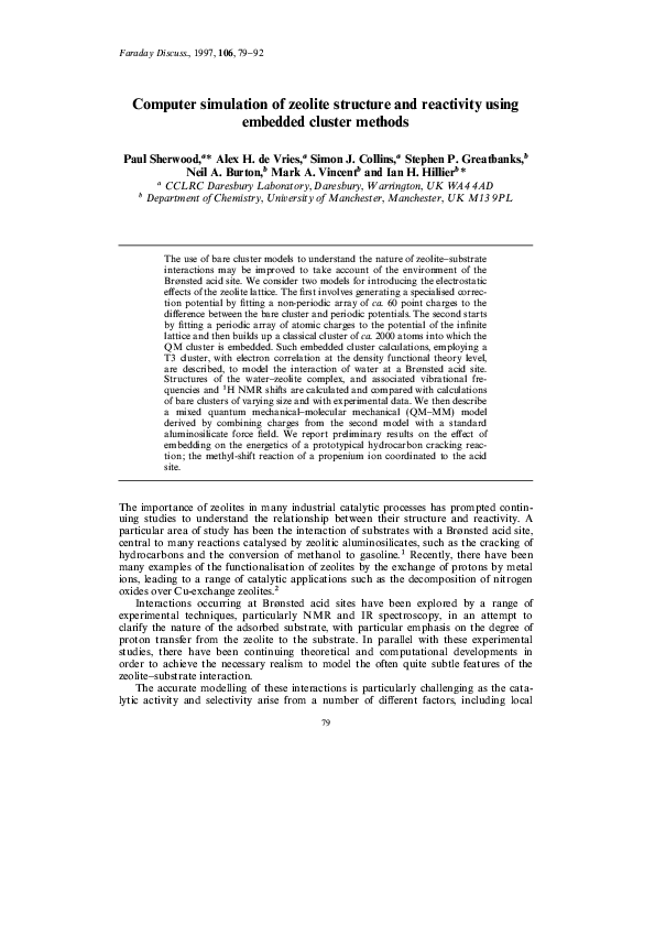 (PDF) Computer simulation of zeolite structure and reactivity using embedded cluster methods