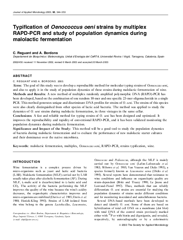 (PDF) Typification of Oenococcus oeni strains by multiplex RAPD-PCR and study of population ...