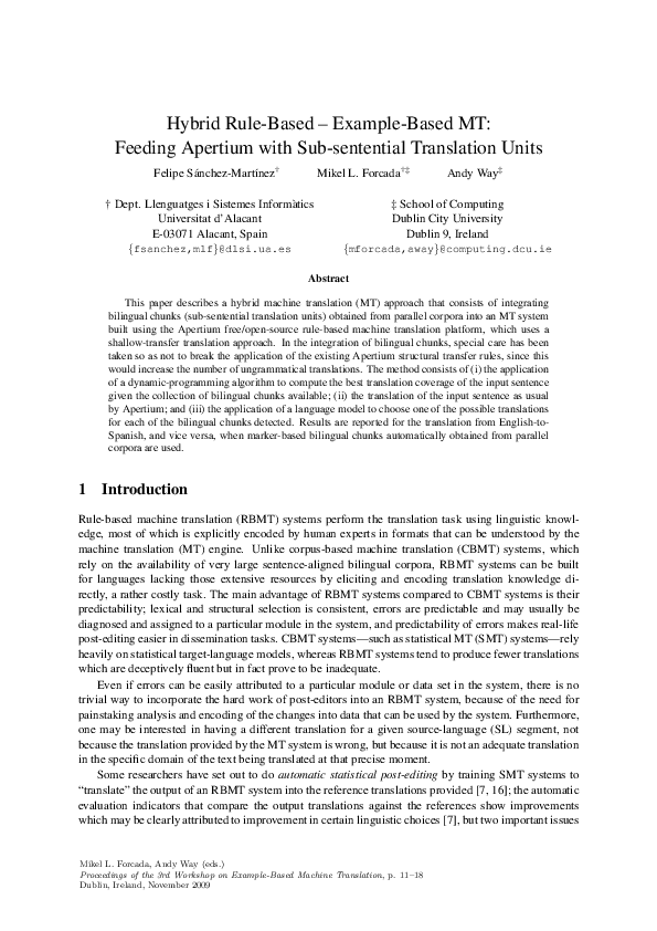 Pdf Hybrid Rule Based Example Based Mt Feeding Apertium With Sub
