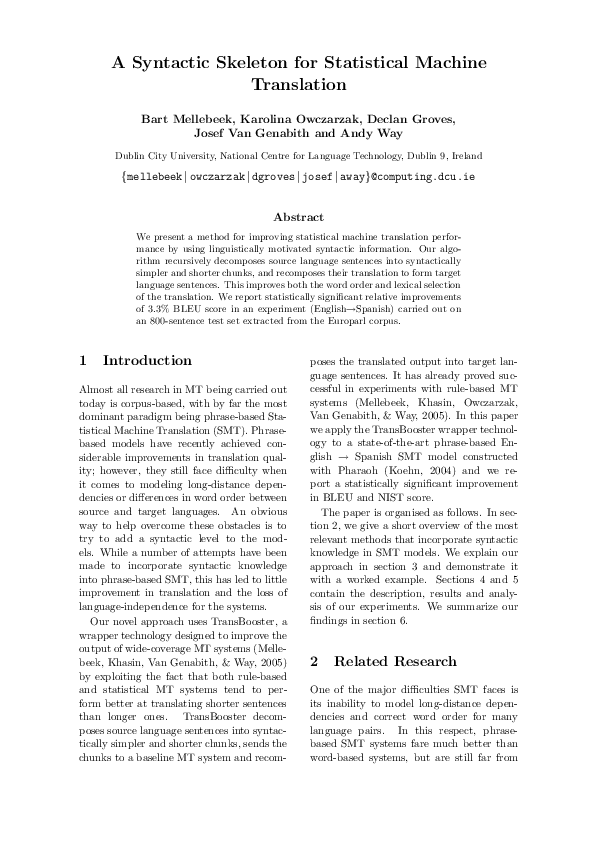 (PDF) A Syntactic Skeleton for Statistical Machine Translation