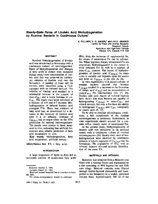 (PDF) Steady-State Rates of Linoleic Acid Biohydrogenation by Ruminal ...