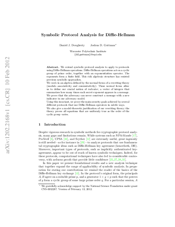 (PDF) Symbolic Protocol Analysis for Diffie-Hellman