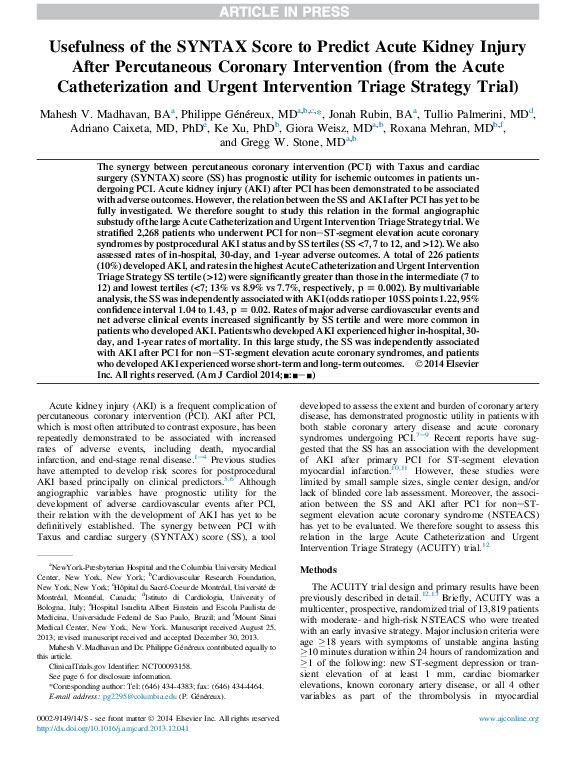 (PDF) Usefulness of the SYNTAX Score to Predict Acute Kidney Injury ...