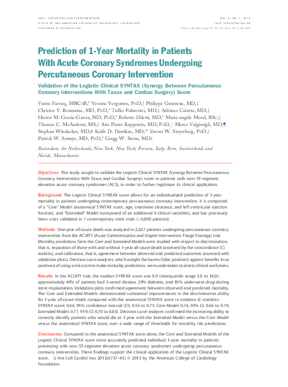 Pdf 1 Year Mortality Prediction In Acs Patients