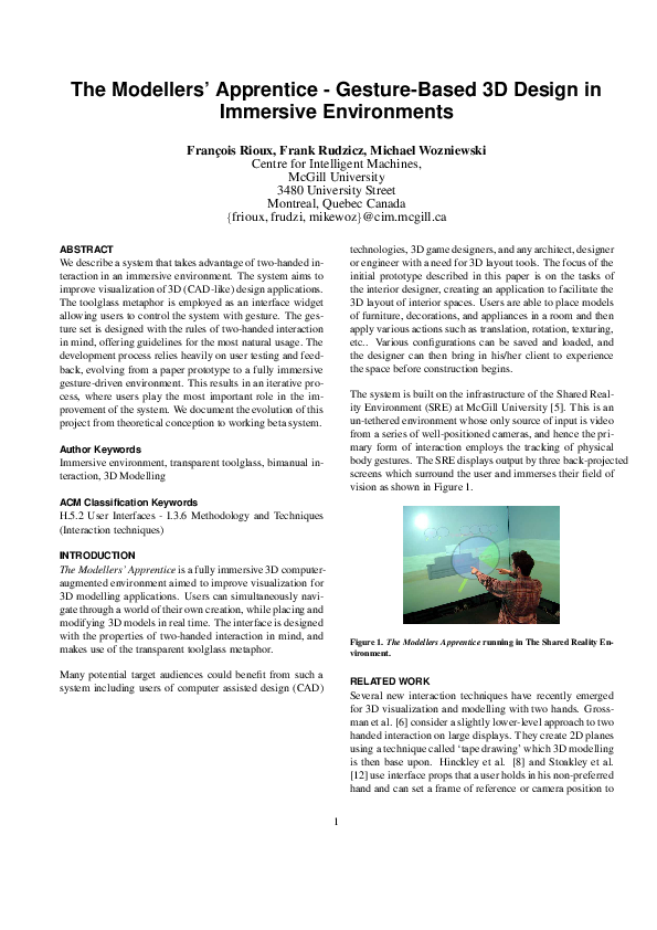 (PDF) The Modellers’ Apprentice-Gesture-Based 3D Design in Immersive Environments