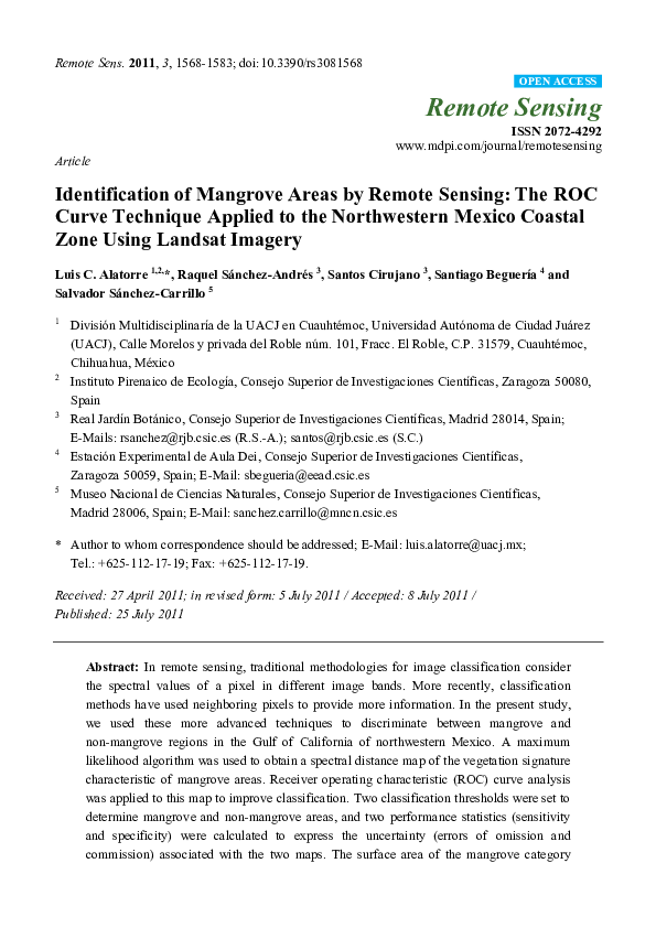(PDF) Identification of mangrove areas by remote sensing: The ROC curve ...