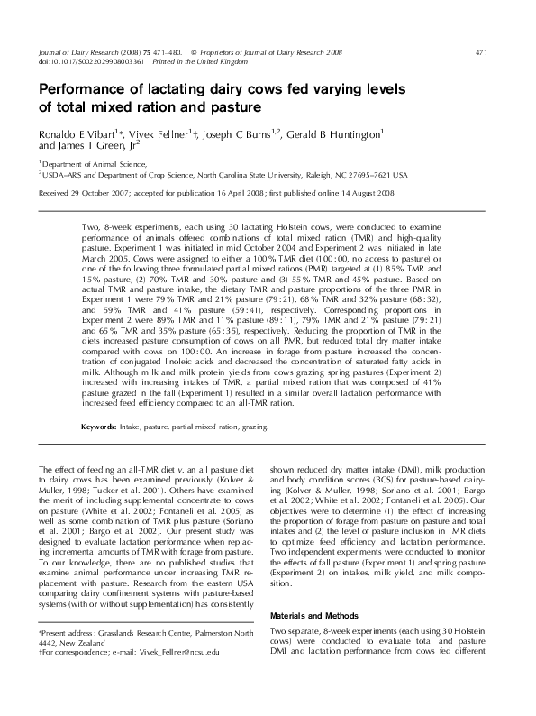 (PDF) Performance of lactating dairy cows fed varying levels of total mixed ration and pastures