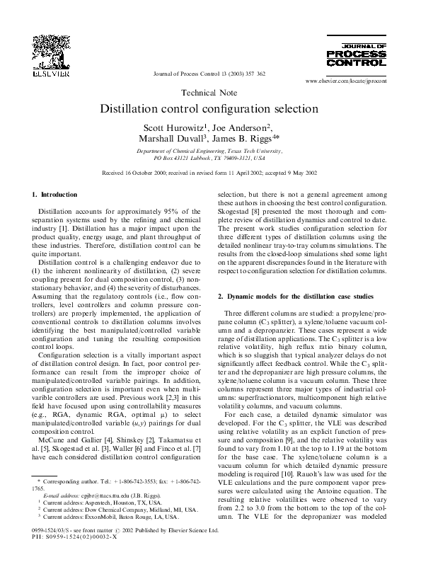 (PDF) Distillation control configuration selection