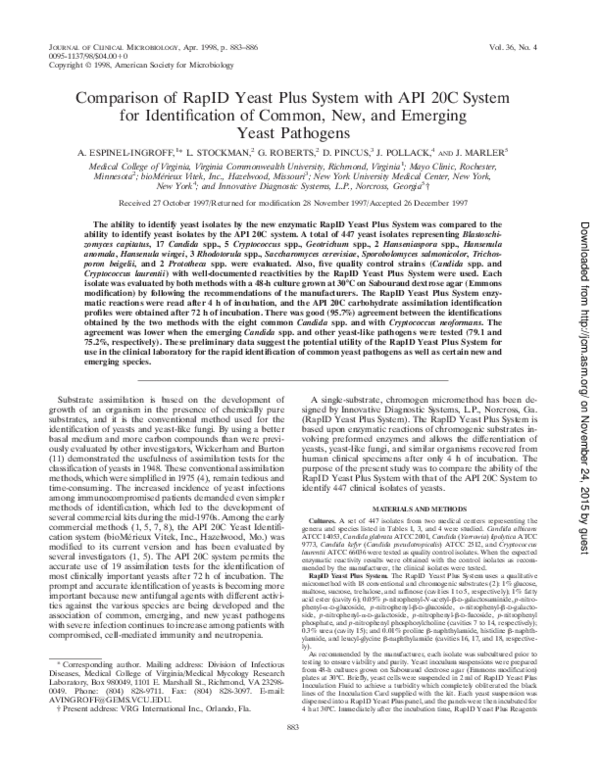 (PDF) Comparison of RapID yeast plus system with API 20C system for identification of common ...