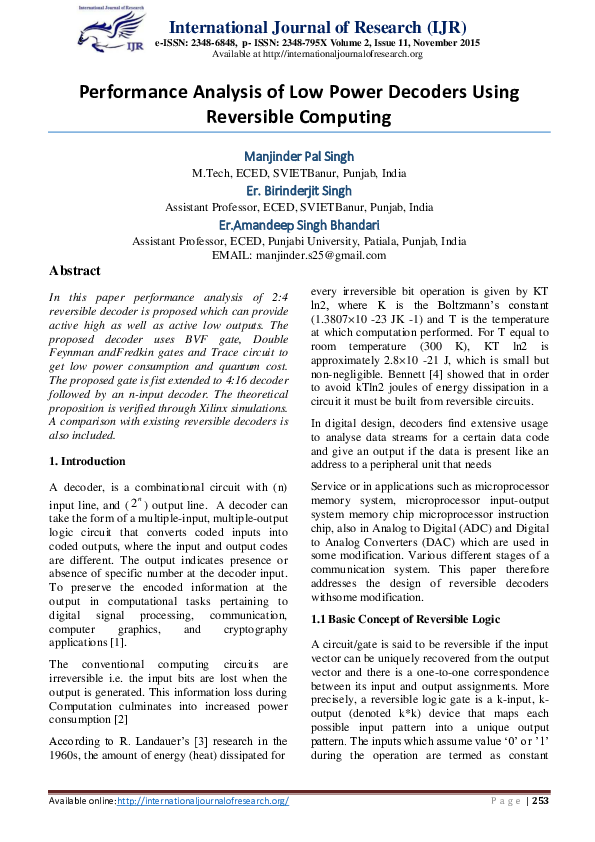 Pdf Performance Analysis Of Low Power Decoders Using Reversible Computing
