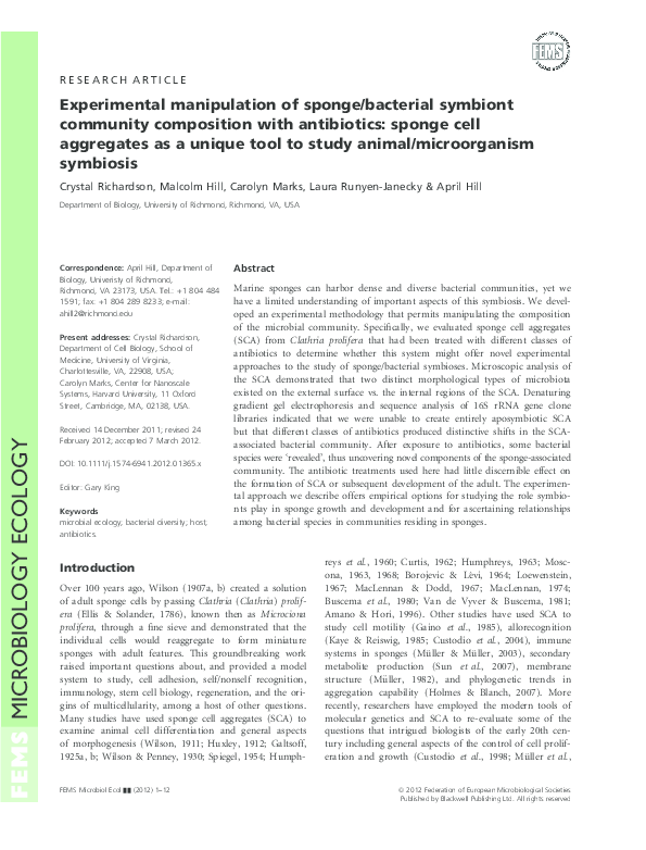 (PDF) Experimental manipulation of sponge/bacterial symbiont community ...