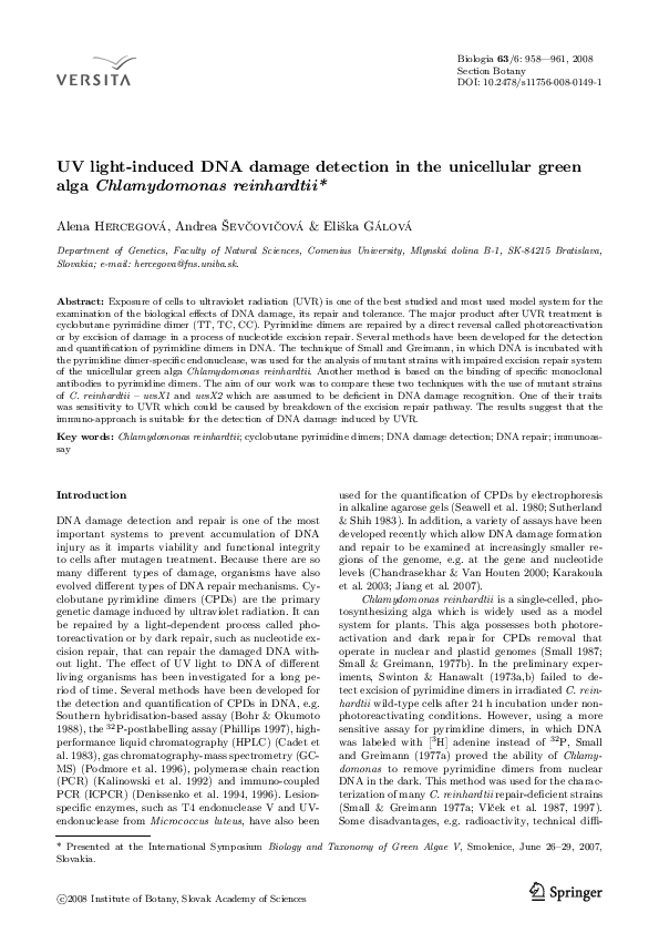(PDF) UV light-induced DNA damage detection in the unicellular green ...