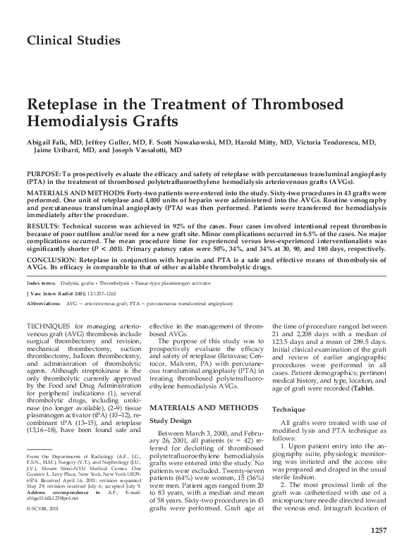 (PDF) Reteplase in the Treatment of Thrombosed Hemodialysis Grafts