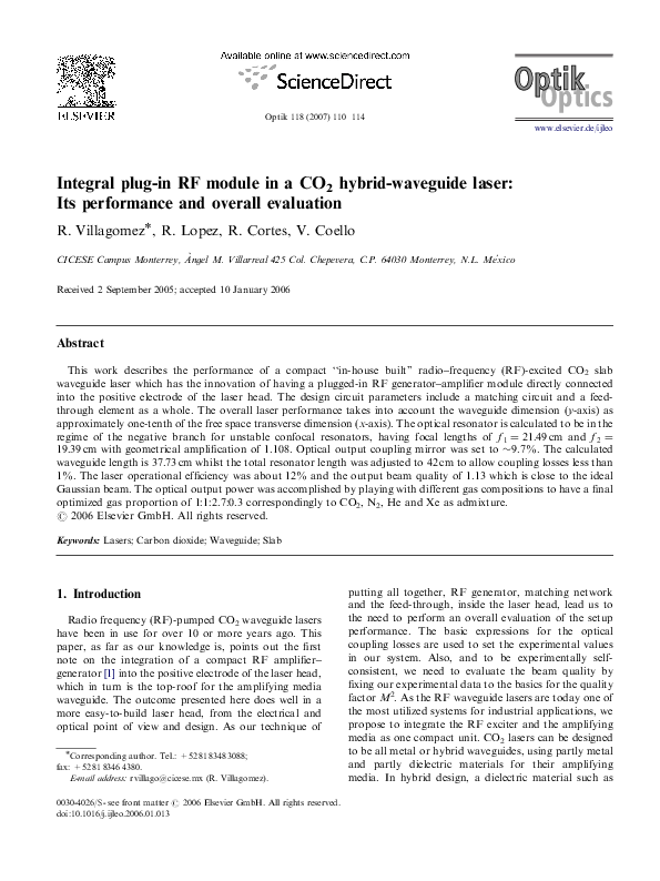 (PDF) Integral plug-in RF module in a CO2 hybrid-waveguide laser: Its ...