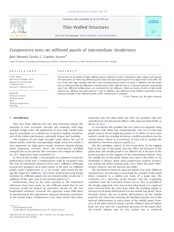 (PDF) Compressive tests on stiffened panels of intermediate slenderness