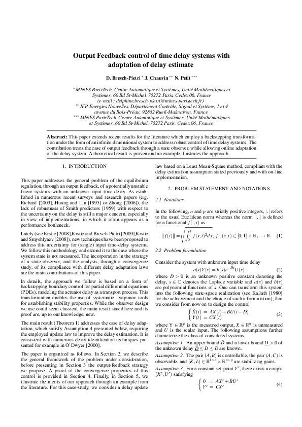 Pdf Output Feedback Control Of Time Delay Systems With Adaptation Of