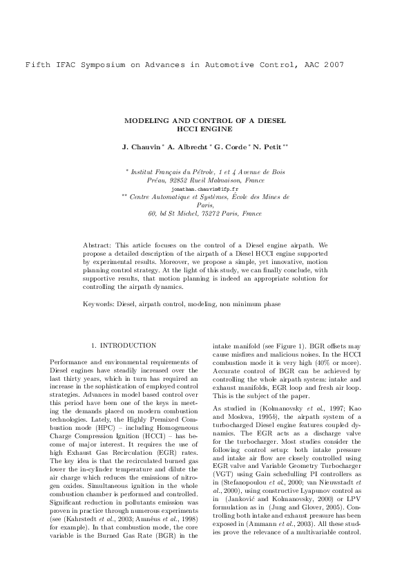 (PDF) Modeling and control of a Diesel HCCI engine