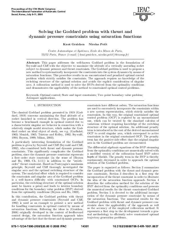 (PDF) Solving the Goddard Problem with Thrust and Dynamic Pressure Constraints Using Saturation ...