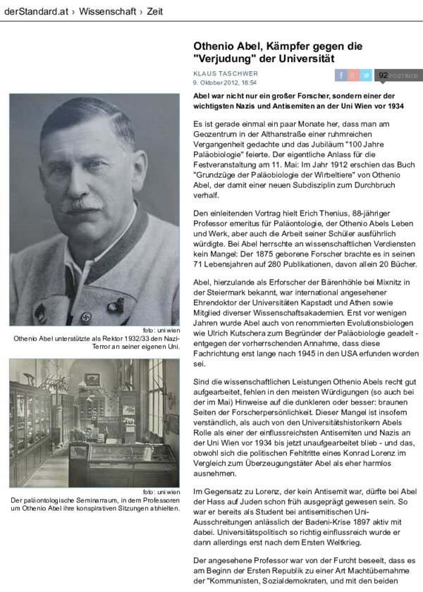 (PDF) Othenio Abel, Kämpfer gegen die "Verjudung" der Universität. (2012)