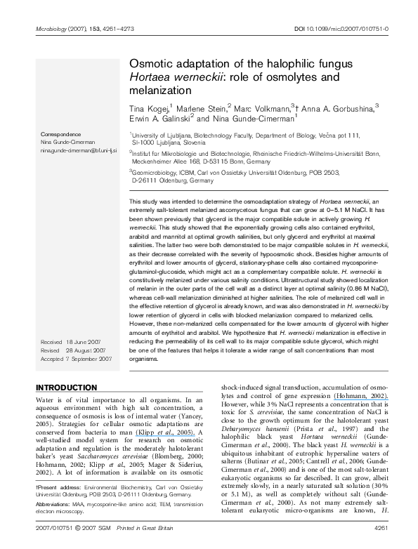 (PDF) Osmotic adaptation of the halophilic fungus Hortaea werneckii ...