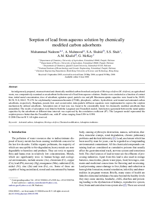 (PDF) Sorption of Lead From Aqueous Solution by Chemically Modified ...