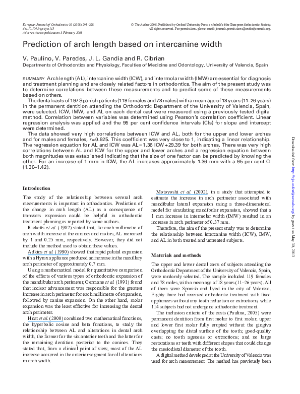 (PDF) Prediction of arch length based on intercanine width