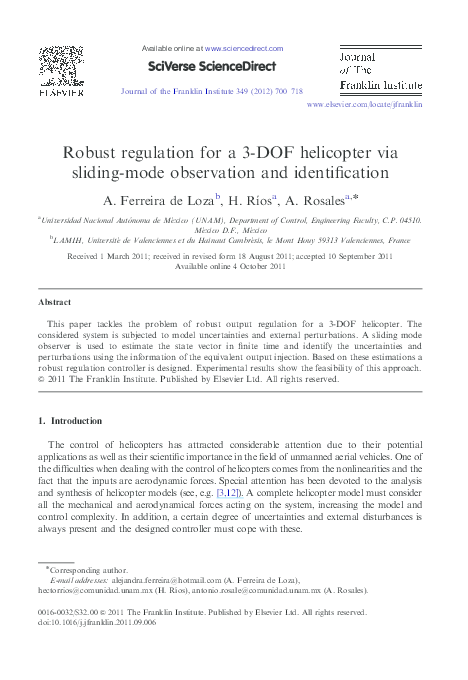 (PDF) Robust regulation for a 3-DOF helicopter via sliding-mode observation and identification