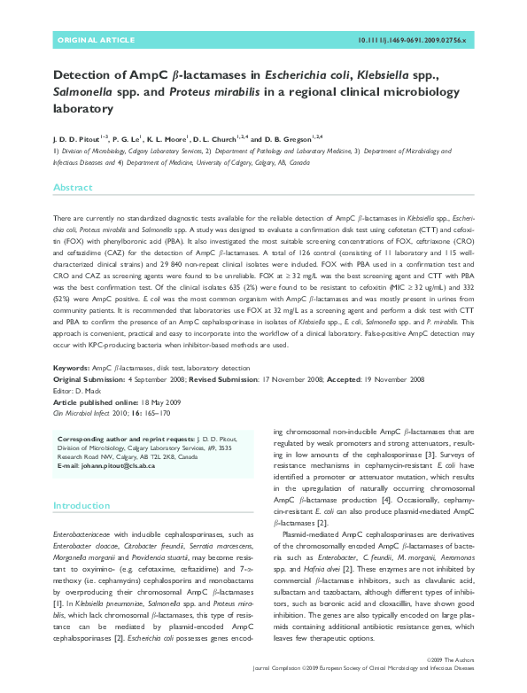 (PDF) Detection of AmpC β-lactamases in Escherichia coli , Klebsiella ...