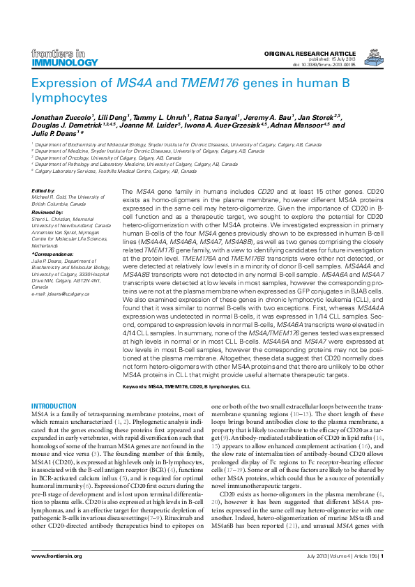 (PDF) Expression of MS4A and TMEM176 Genes in Human B Lymphocytes