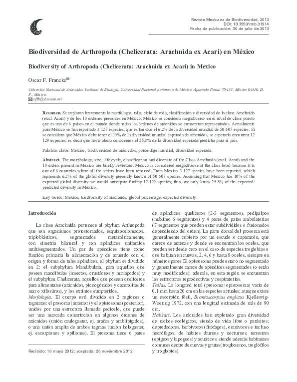 (PDF) Biodiversidad de Arthropoda (Chelicerata: Arachnida ex Acari) en ...