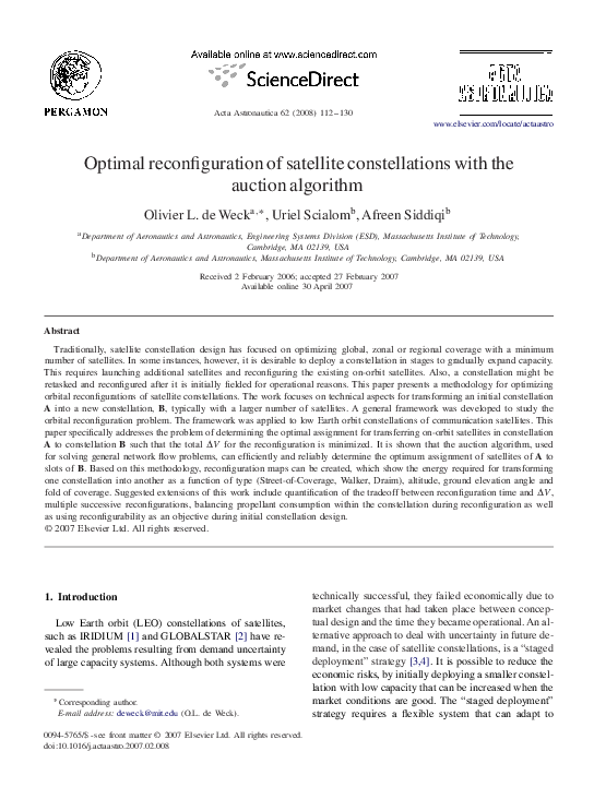 Pdf Optimal Reconfiguration Of Satellite Constellations With The Auction Algorithm