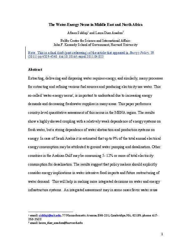 (PDF) The water‐energy nexus in the Middle East: Infrastructure, development, and conflict ...