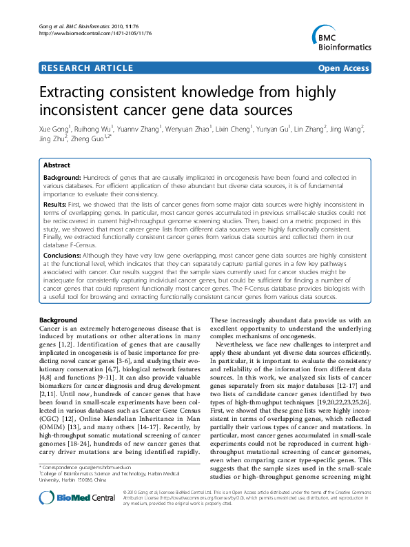 (PDF) Extracting consistent knowledge from highly inconsistent cancer gene data sources